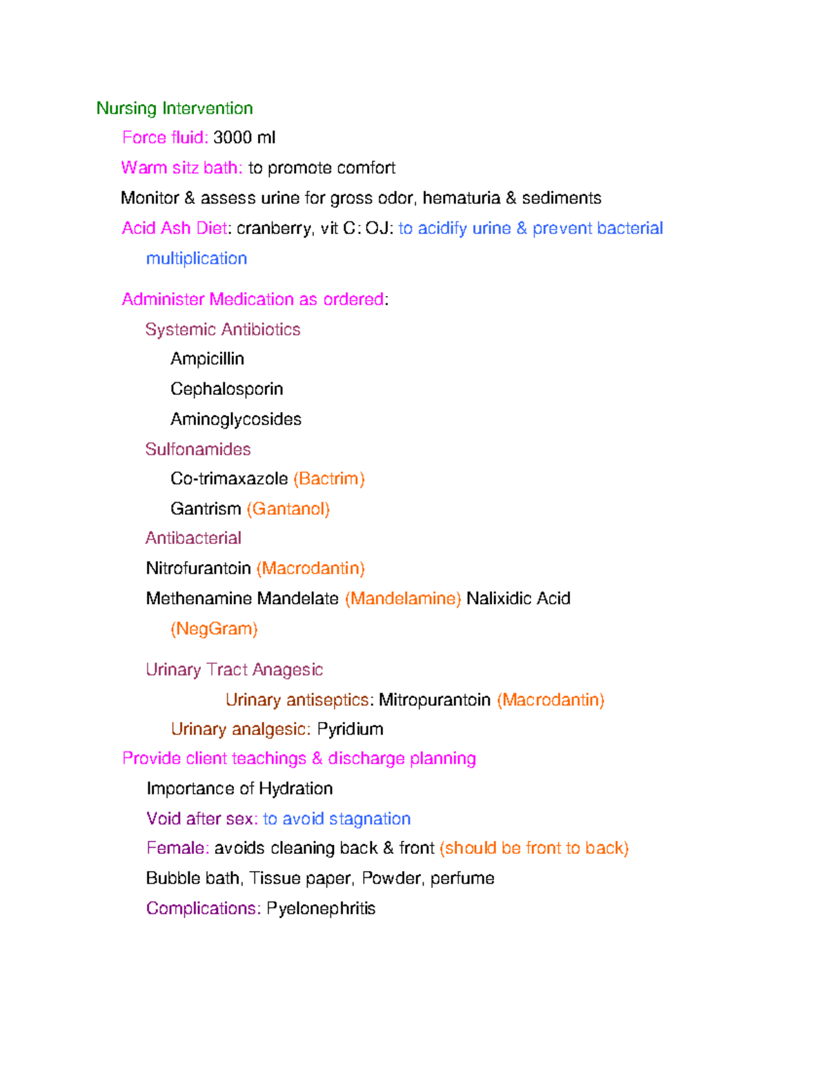 Pyelonephritis - summary - Nursing Intervention Force fluid: 3000 ml ...