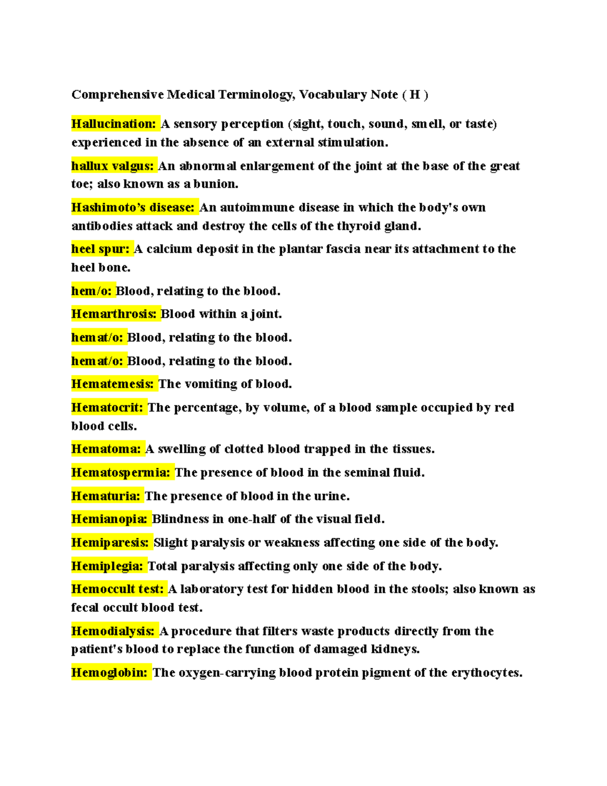 Vocabulary Note ( H ) - Comprehensive Medical Terminology, Vocabulary ...