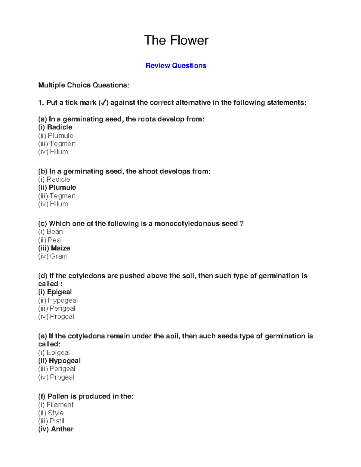 The Flower - notes - ncertbooksolutions Review Questions Multiple ...