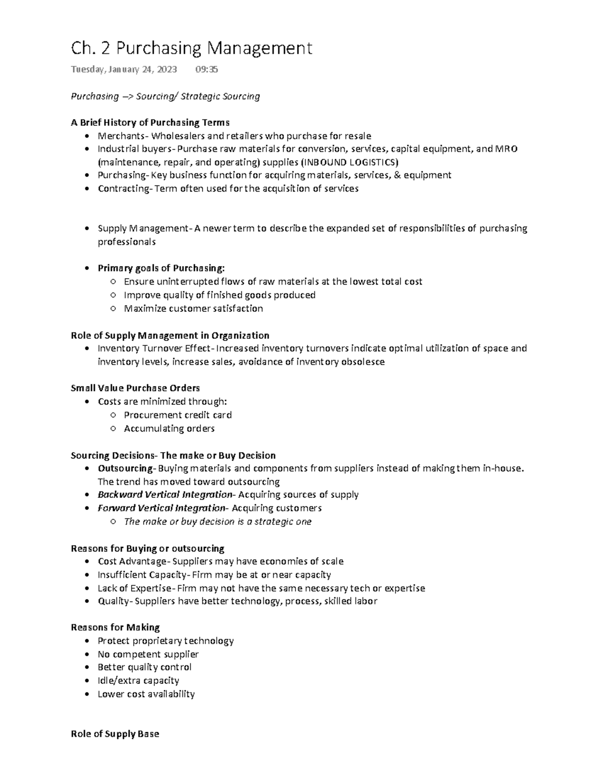 Ch. 2 Purchasing Management - Purchasing -> Sourcing/ Strategic ...