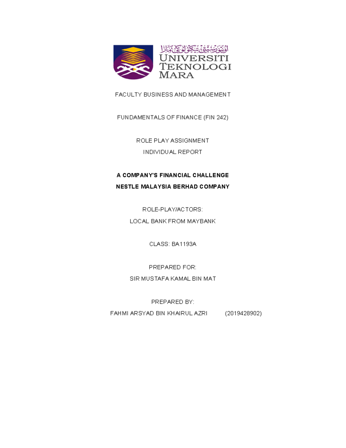 FIN 242 Individual Assignment - Fundamentals of Finance - UiTM - Studocu