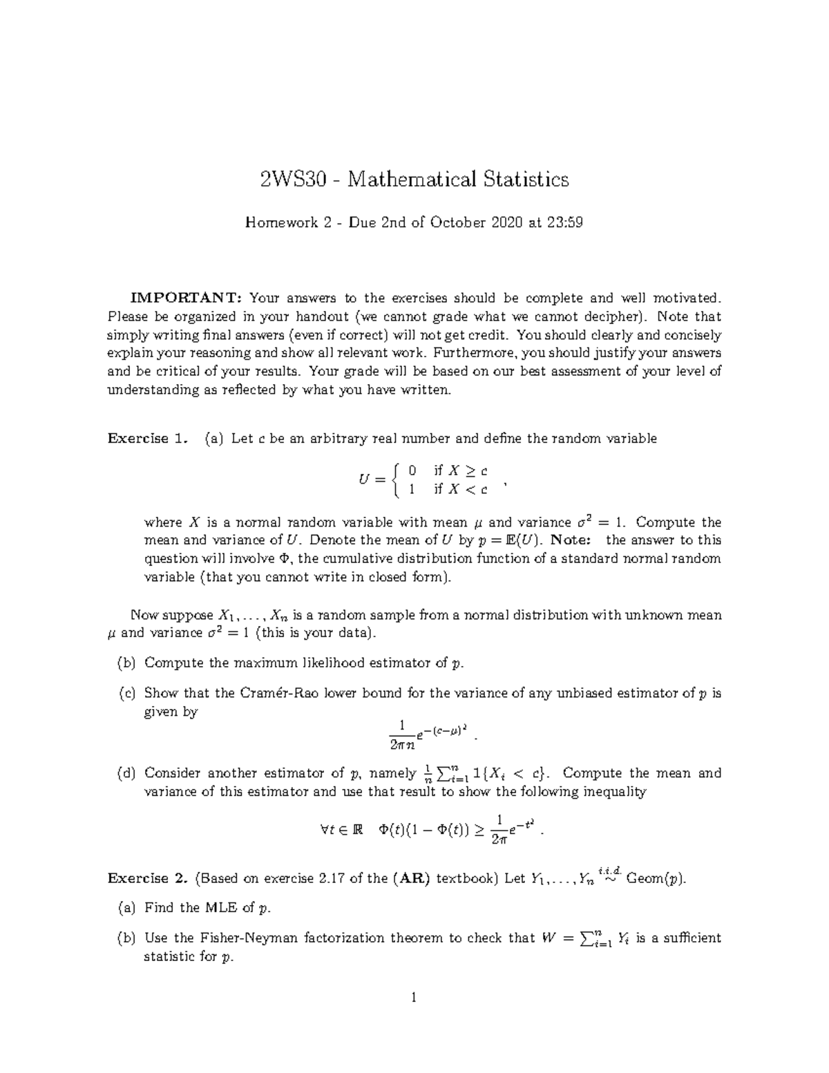 HW2 2WS30 2020 - Homework assignment - 2WS30 - Mathematical Statistics Homework 2 - Due 2nd of ...