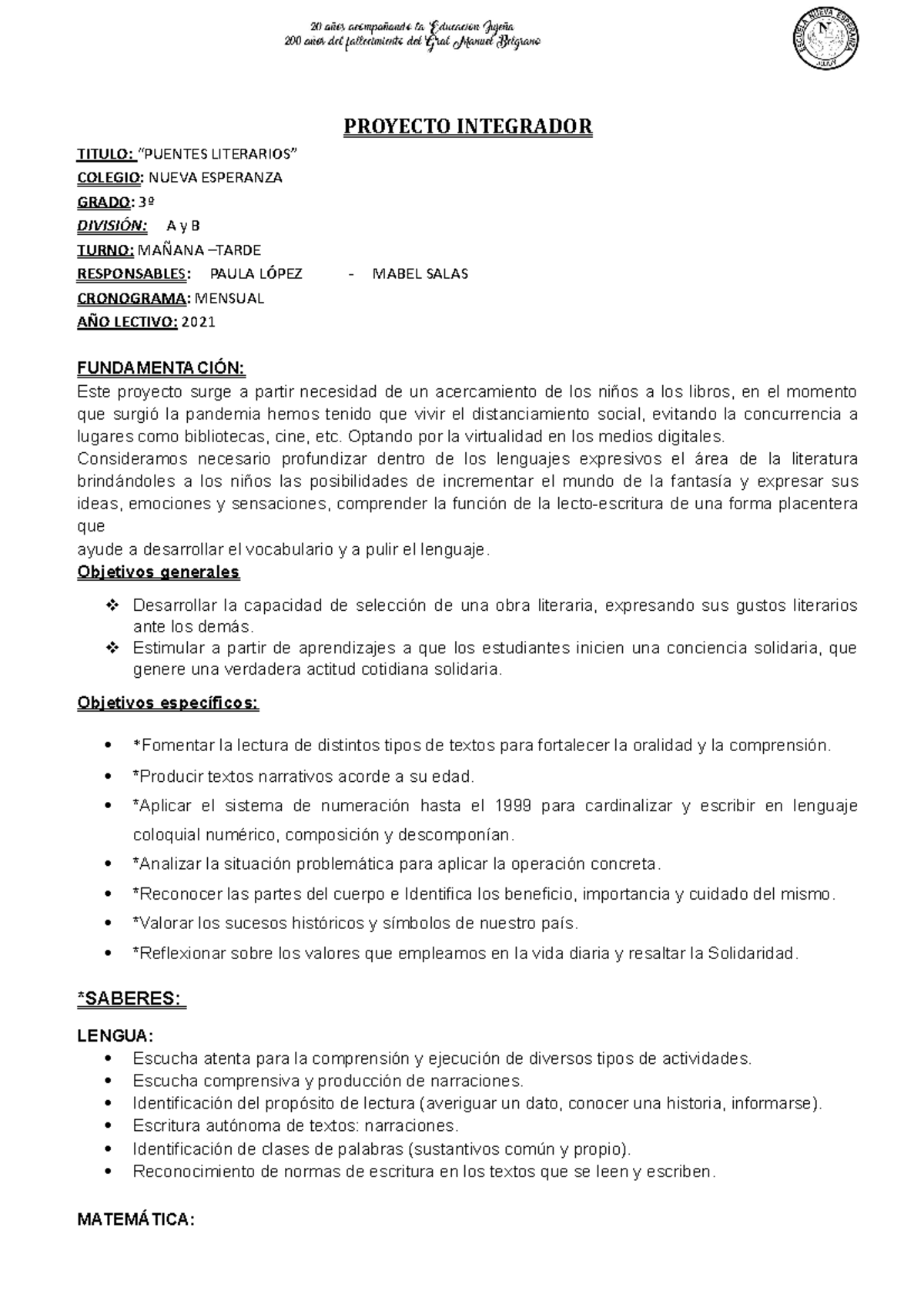 Proyecto Literario - PROYECTO INTEGRADOR TITULO: “PUENTES LITERARIOS ...