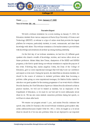 Narrative-in-Intervention - Name: Date: Jamuary 18, 2022 Year & Section ...