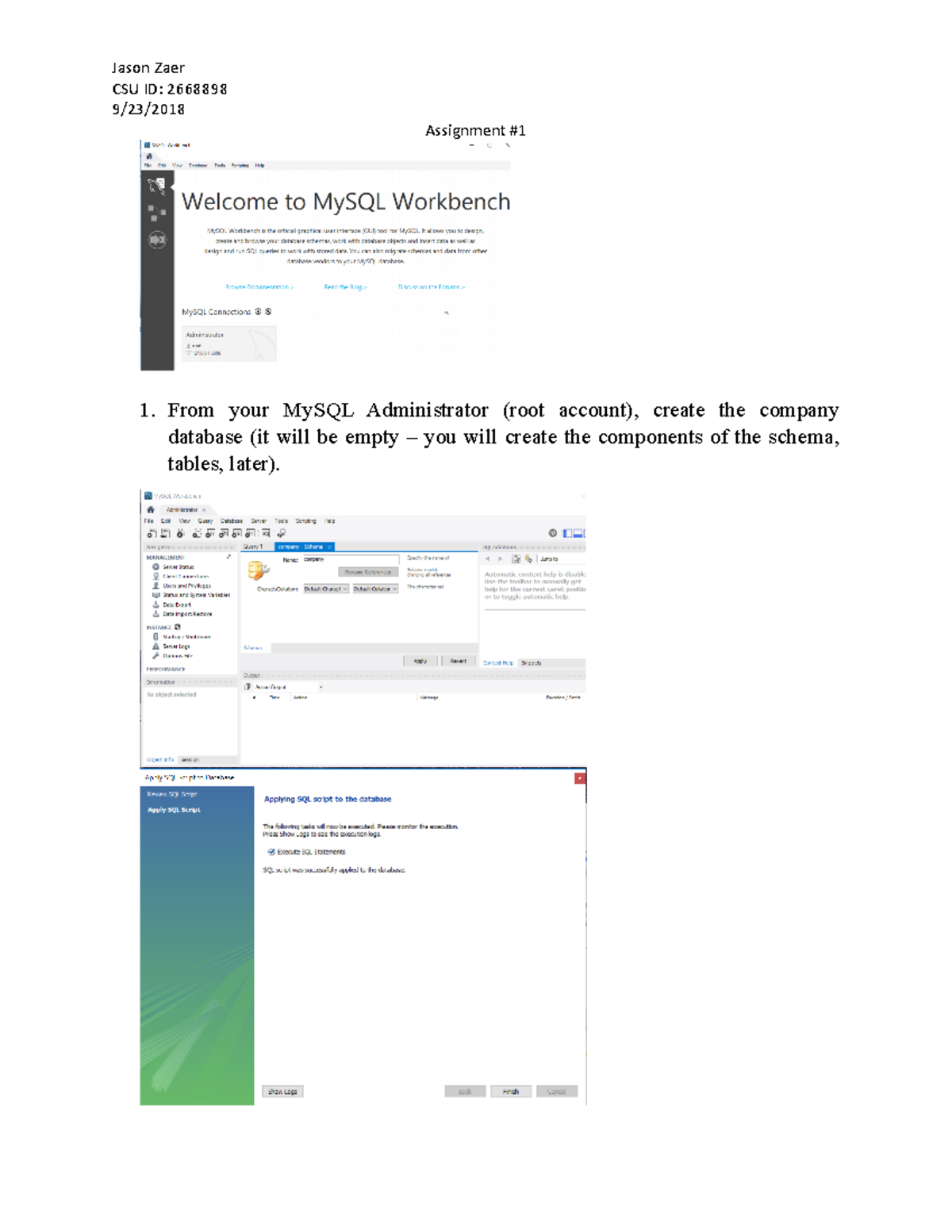 Assignment 1 - From your MySQL Administrator (root account), create the ...