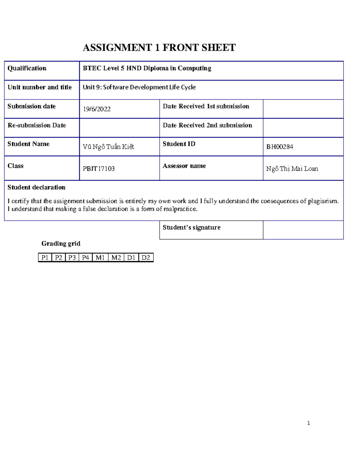Asm1 Sdlc Asm1 Assignment 1 Front Sheet Qualification Btec Level 5 Hnd Diploma In Computing