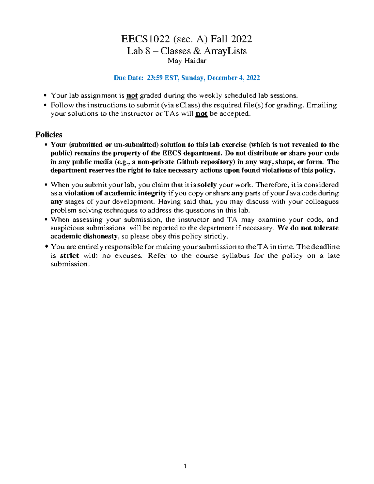 1022 Lab 8 Instructions - EECS1022 (sec. A) Fall 2022 Lab 8 – Classes ...