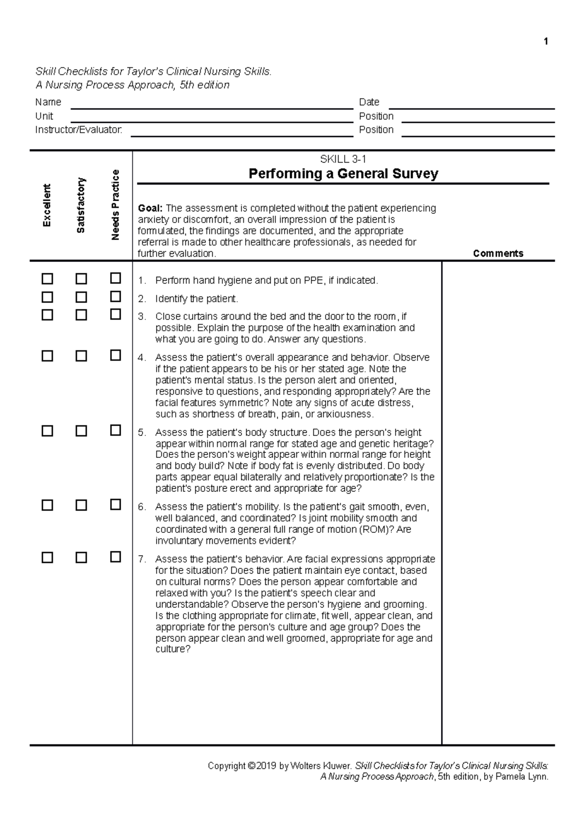 Skill 3-1 - 1 Skill Checklists for Taylor’s Clinical Nursing Skills. A ...