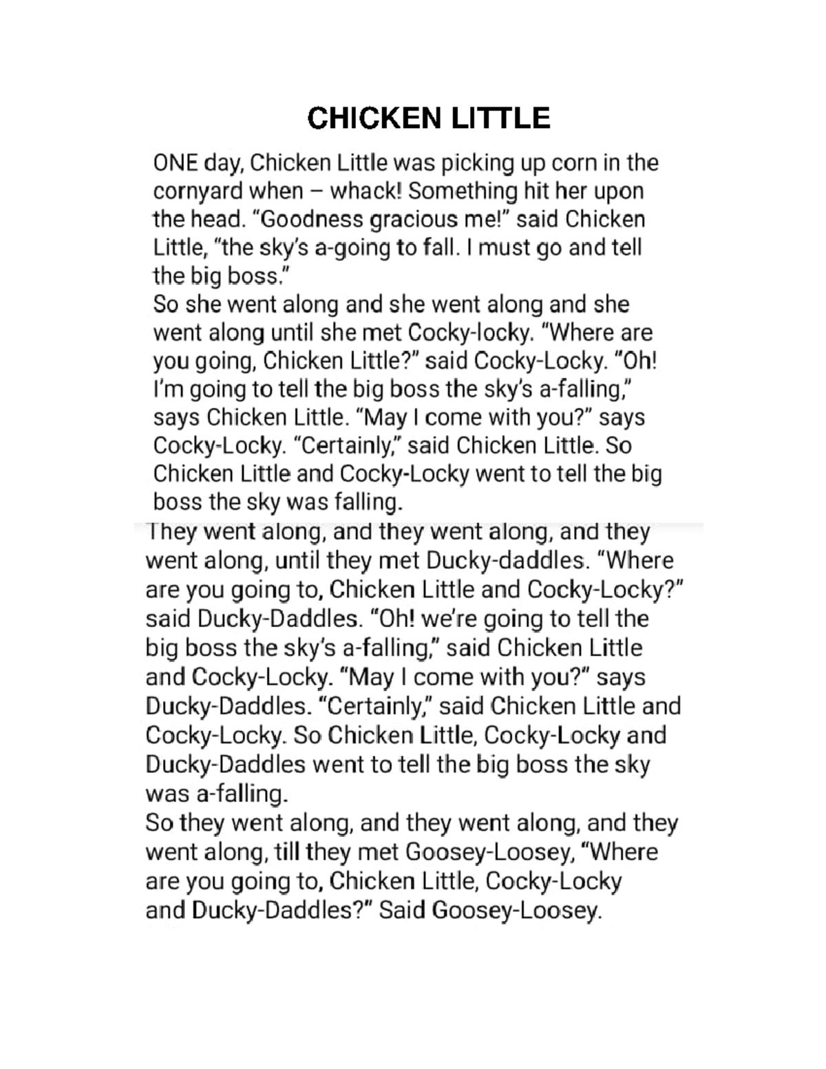 Chicken Little - CHICKEN LITTLE ACTIVITY 1: Record yourself reading the ...