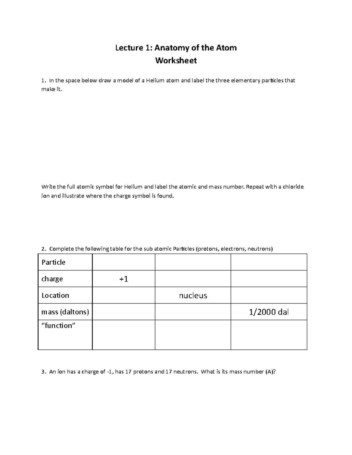 Topic Worksheet - Lecture 1: Anatomy of the Atom Worksheet In the space ...