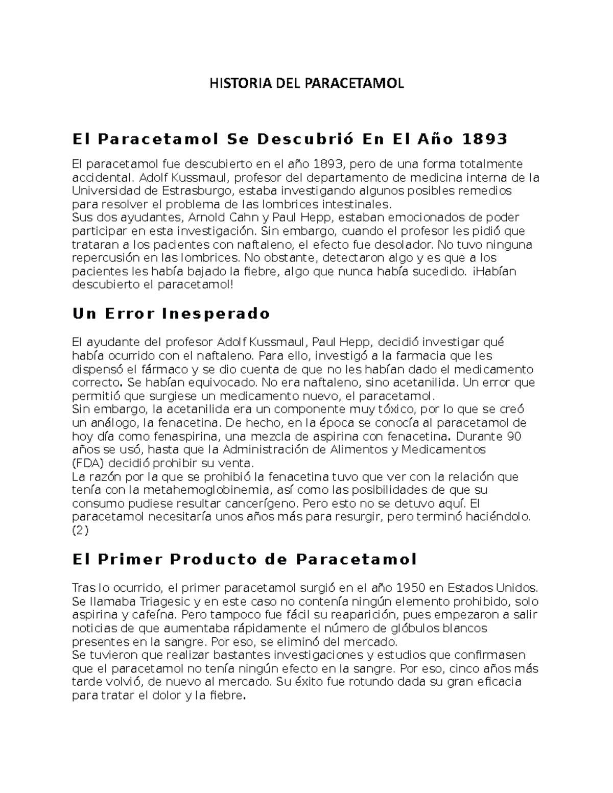 Historia DEL Paracetamol - HISTORIA DEL PARACETAMOL E l Parace t amo l ...