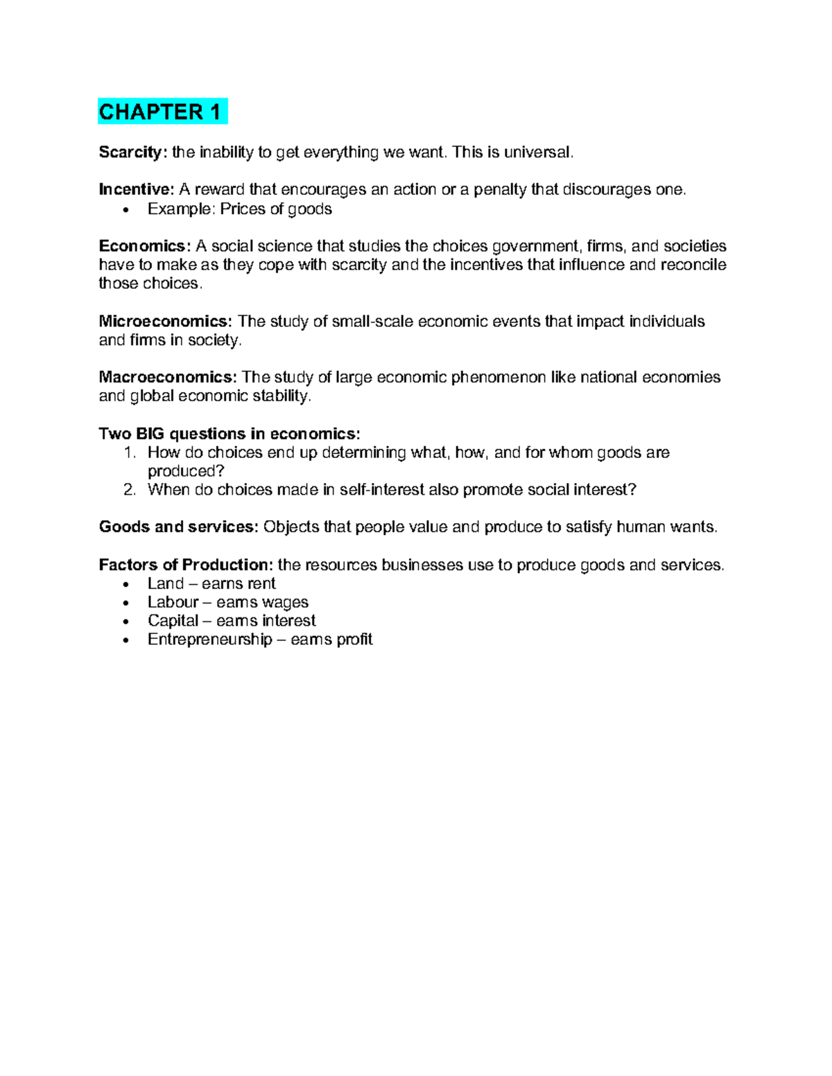 Chapter 1 - Lecture notes - CHAPTER 1 Scarcity: the inability to get ... Chapter 1 - Lecture notes - CHAPTER 1 Scarcity: the inability to get ...