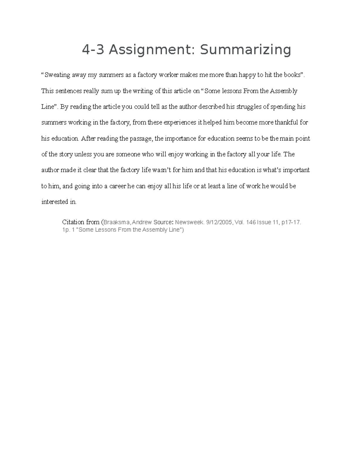 4-3 Assignment Summarizing SNHU 2021-2022 - 4-3 Assignment: Summarizing “Sweating away my ...