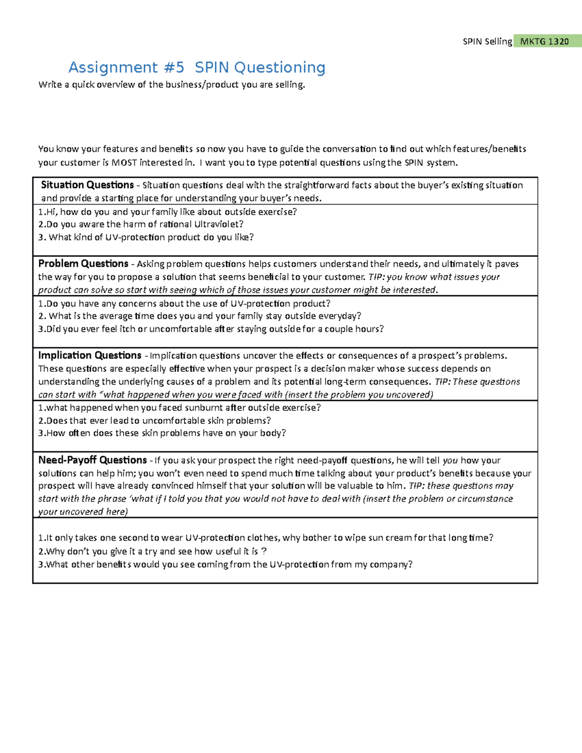 SPIN Questioning Exercise - Assignment #5 SPIN Questioning Write a ...