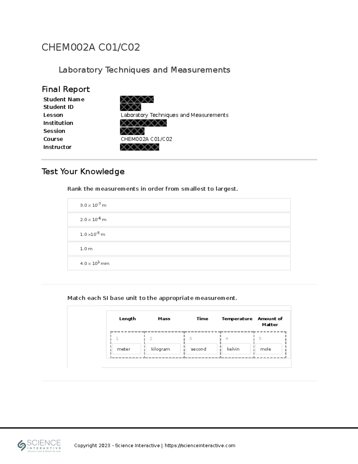 CHEM002AC01C02 Laboratory Techniquesand Measurements 284821 - 6WXGHQW 1DPH 6WXGHQW ,' /HVVRQ ...