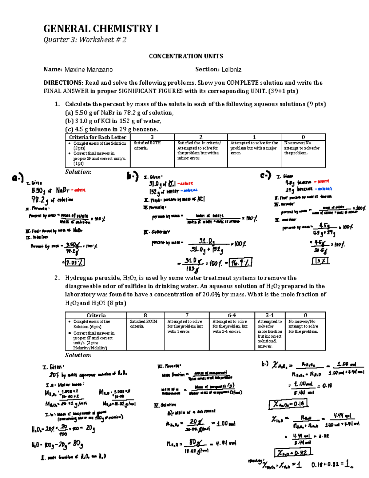Q3 Worksheet 2 - Concentration Units - GENERAL CHEMISTRY I Quarter 3 ...