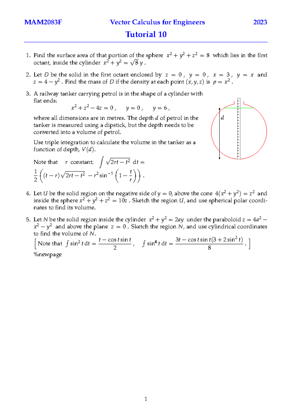 Tut10 2023 SOLUTIONS - MAM2083F Vector Calculus for Engineers 2023 ...
