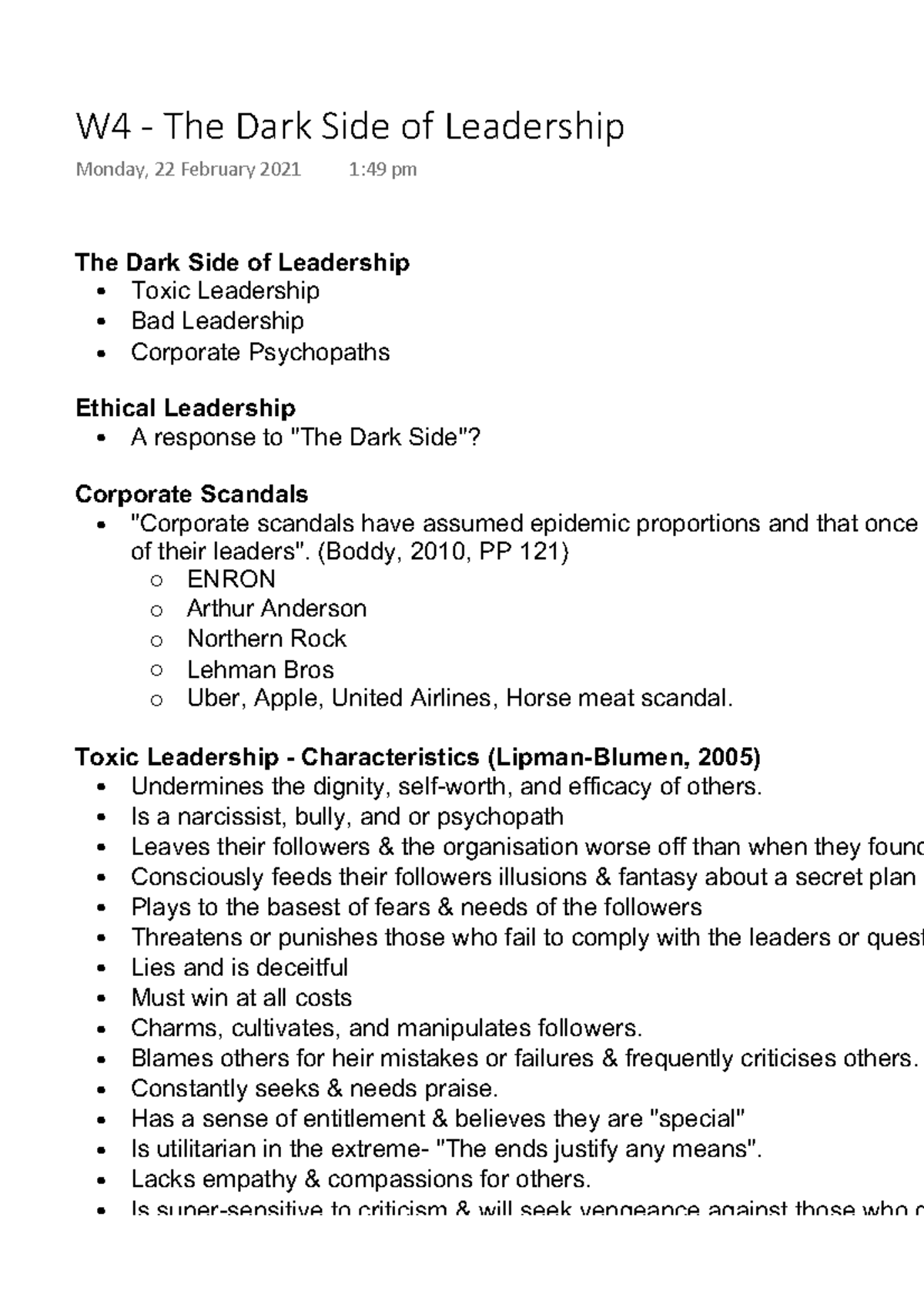 W4 - The Dark Side of Leadership - The Dark Side of Leadership - Toxic ...