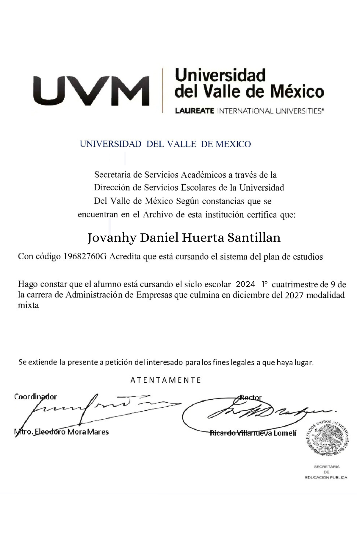 Constancia de Ingreso a Clases UVM - Universidad UVM del Valle de ...