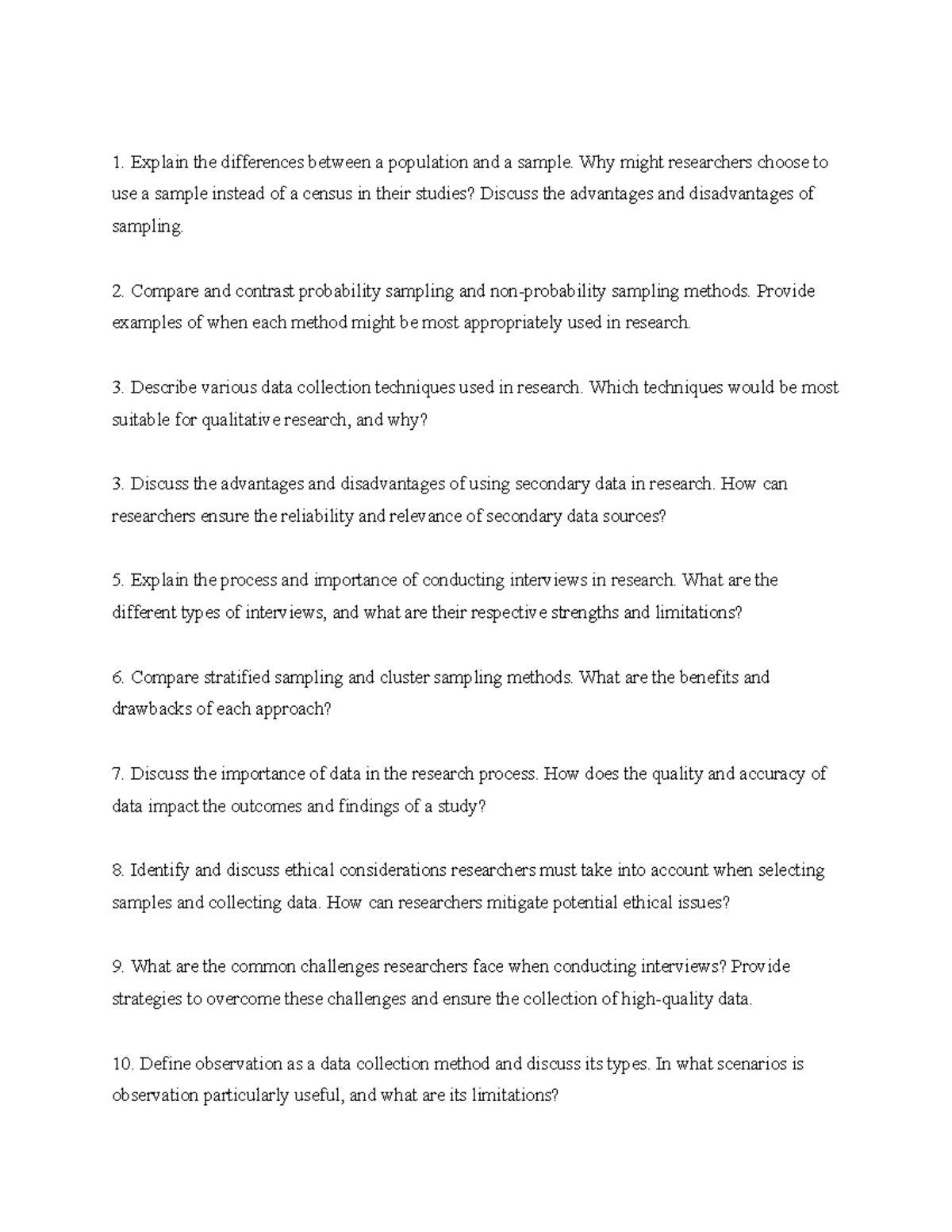 Research Questions - Explain the differences between a population and a ...