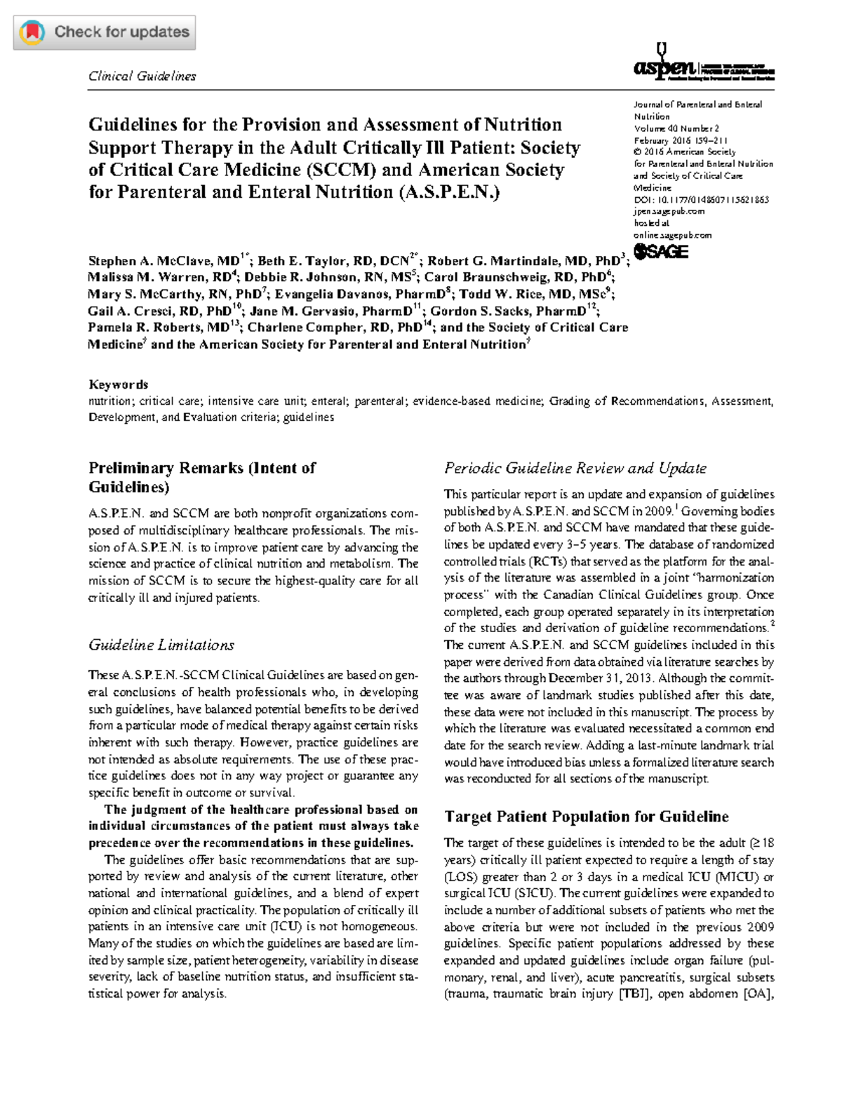 Guidelines for the Provision and Assessment of Nutrition Aspen and SCCM ...