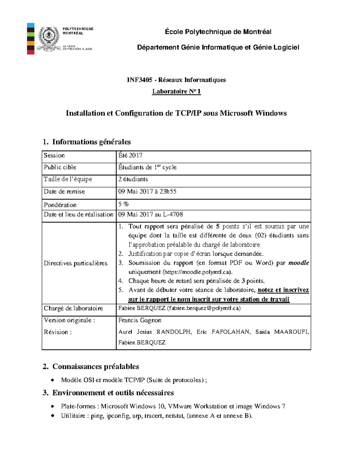 LAB1 INF3405 Lab TP corrigé - INF3405 - Réseaux Informatiques Laboratoire No 1 Installation et ...