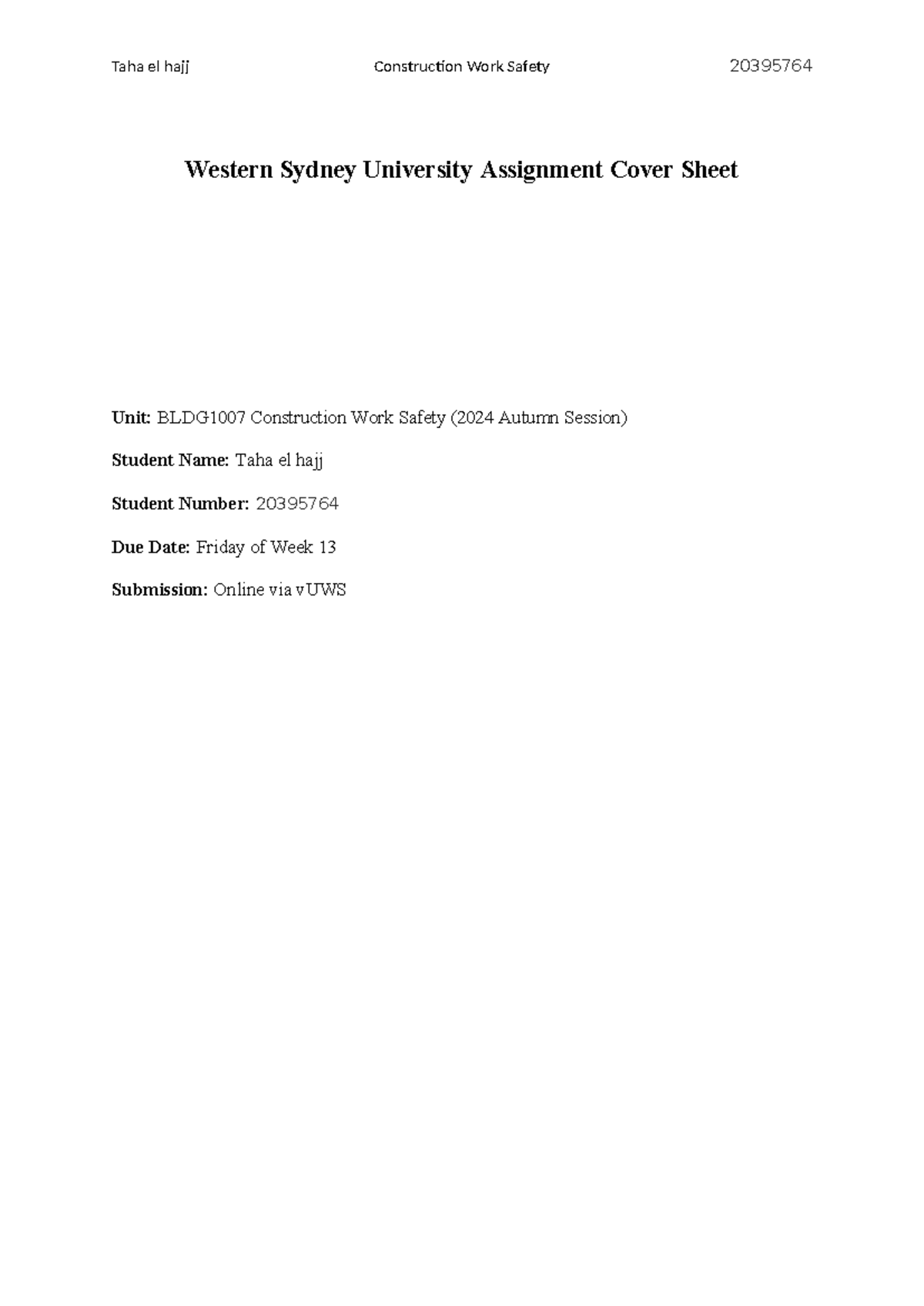 Construction Work Safety Assignment 2 - Western Sydney University ...