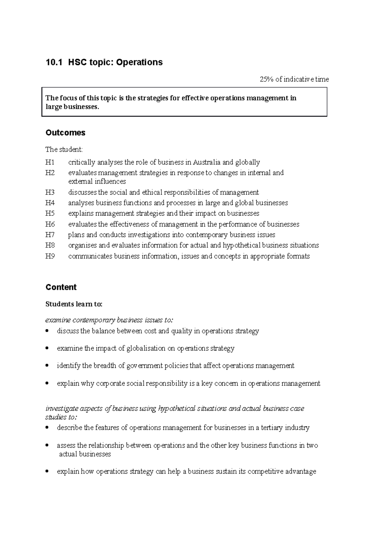 Operations case study notes guide - 10 HSC topic: Operations 25% of ...