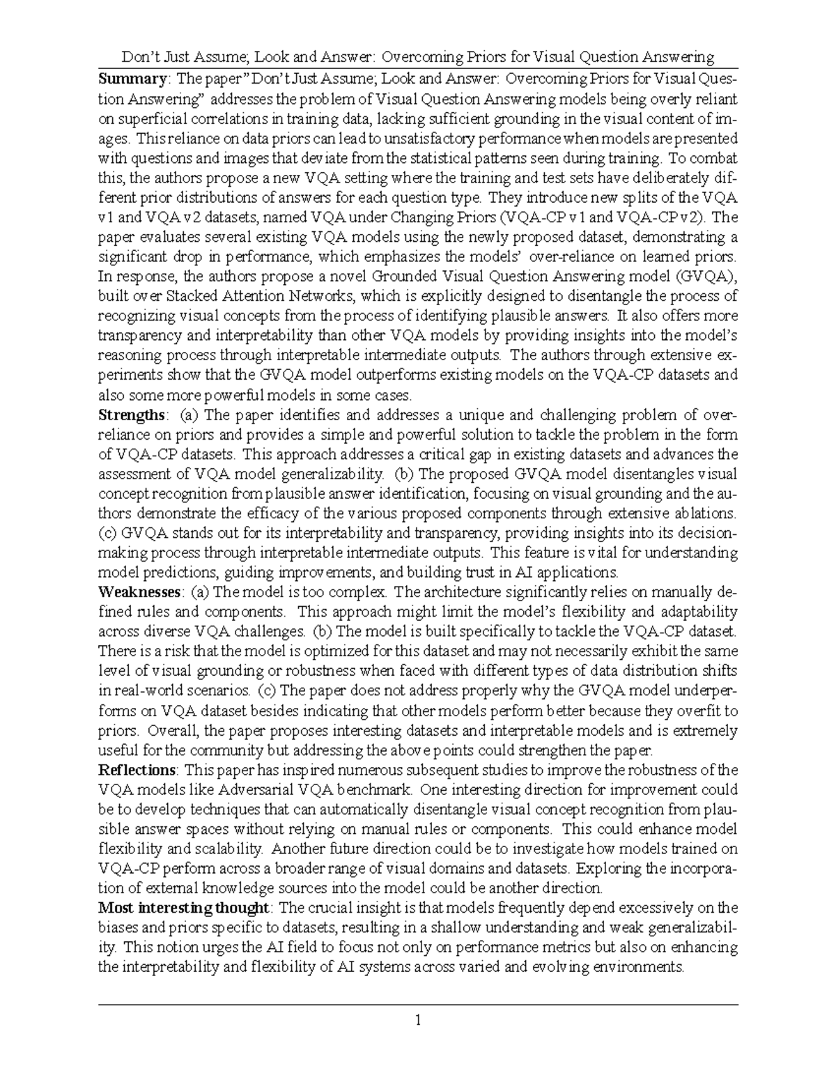 VL Course Paper Review - Don’t Just Assume; Look and Answer: Overcoming Priors for Visual ...