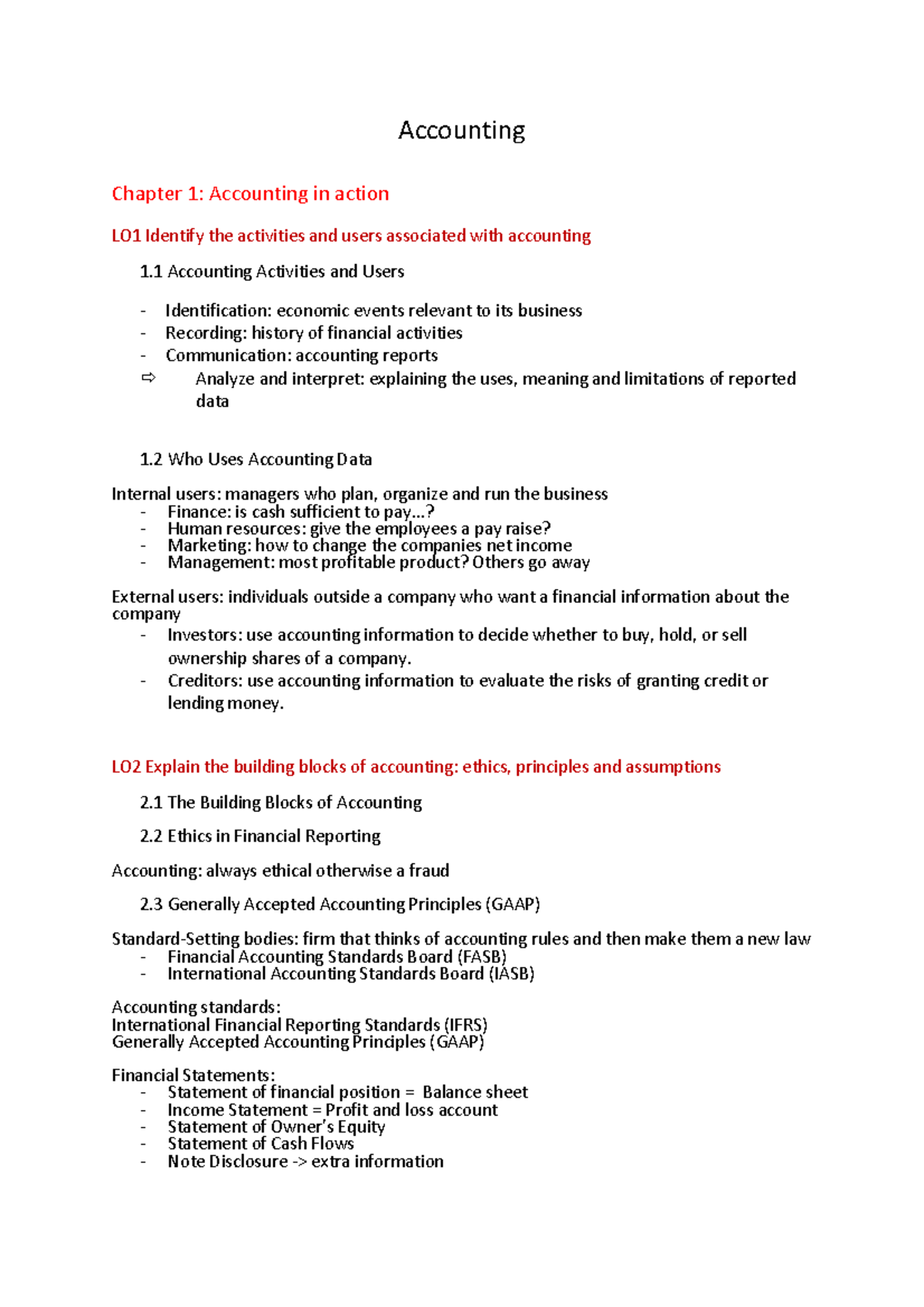 Accounting summary - Accounting Chapter 1: Accounting in action LO1 ...