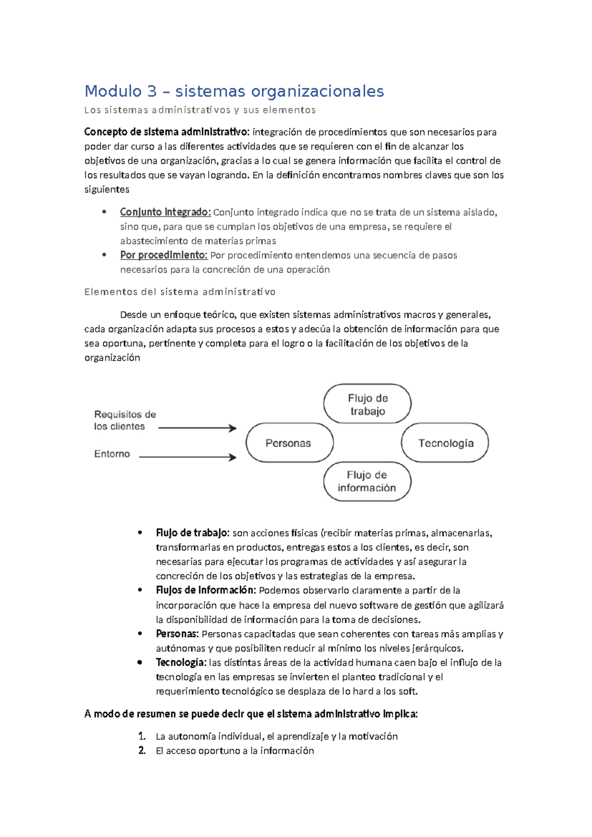 resumen Modulo 3 - Modulo 3 – sistemas organizacionales Los sistemas administrati vos y sus ...
