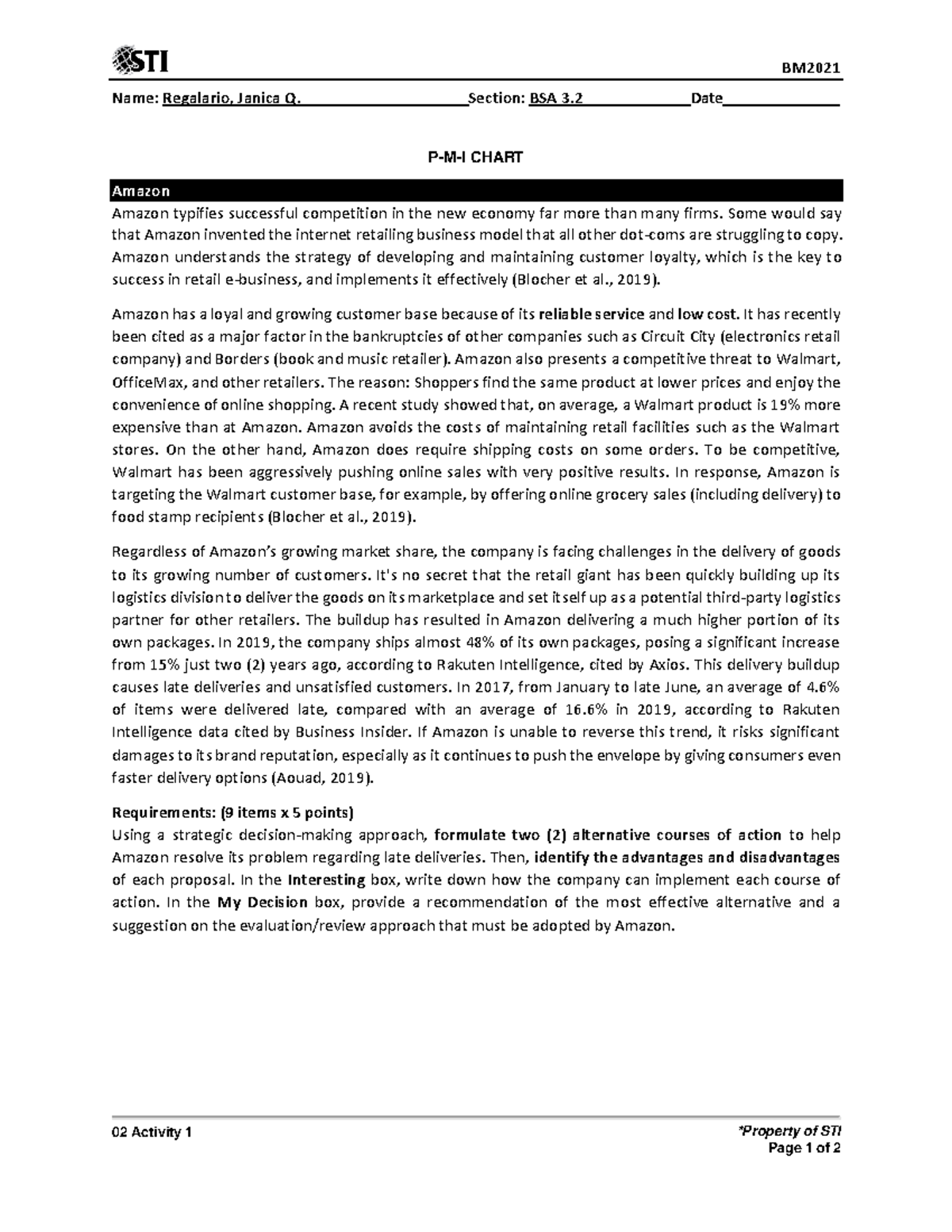 02 Activity 1 - PMI Chart - BM Name: Regalario, Janica Q. Section: BSA ...
