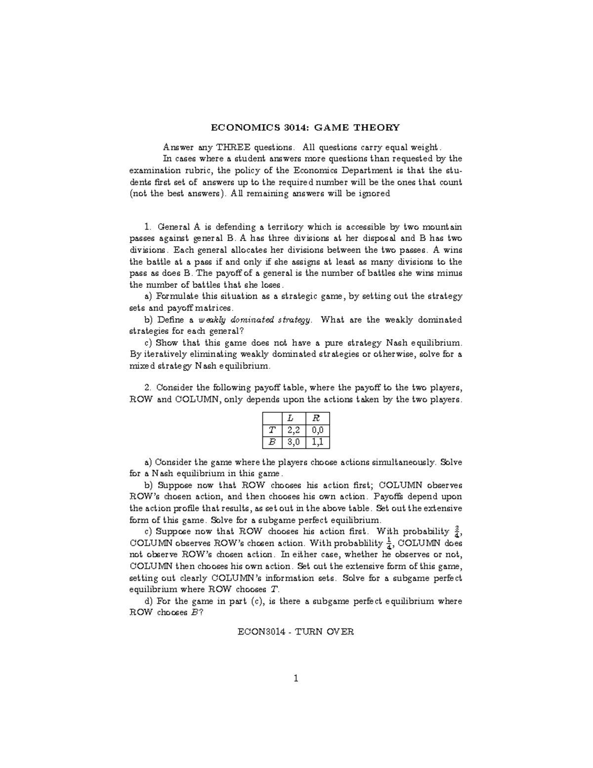 examination of the game theory - ECONOMICS 3014: GAME THEORY Answer any ...