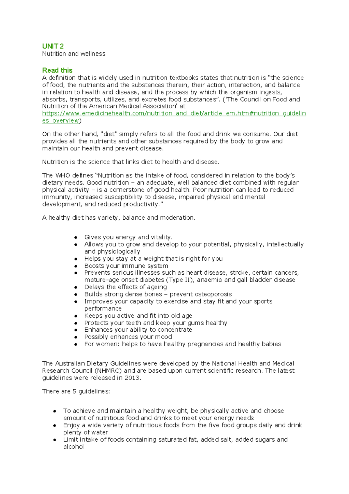 Nutrition and wellness units - UNIT 2 Nutrition and wellness Read this ...