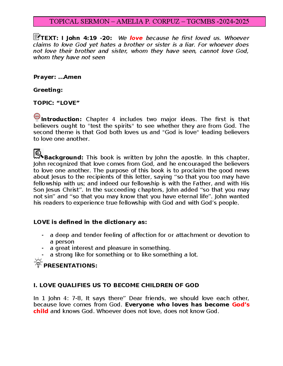 Acorpuz Topical Sermon - TOPICAL SERMON – AMELIA P. CORPUZ – TGCMBS ...