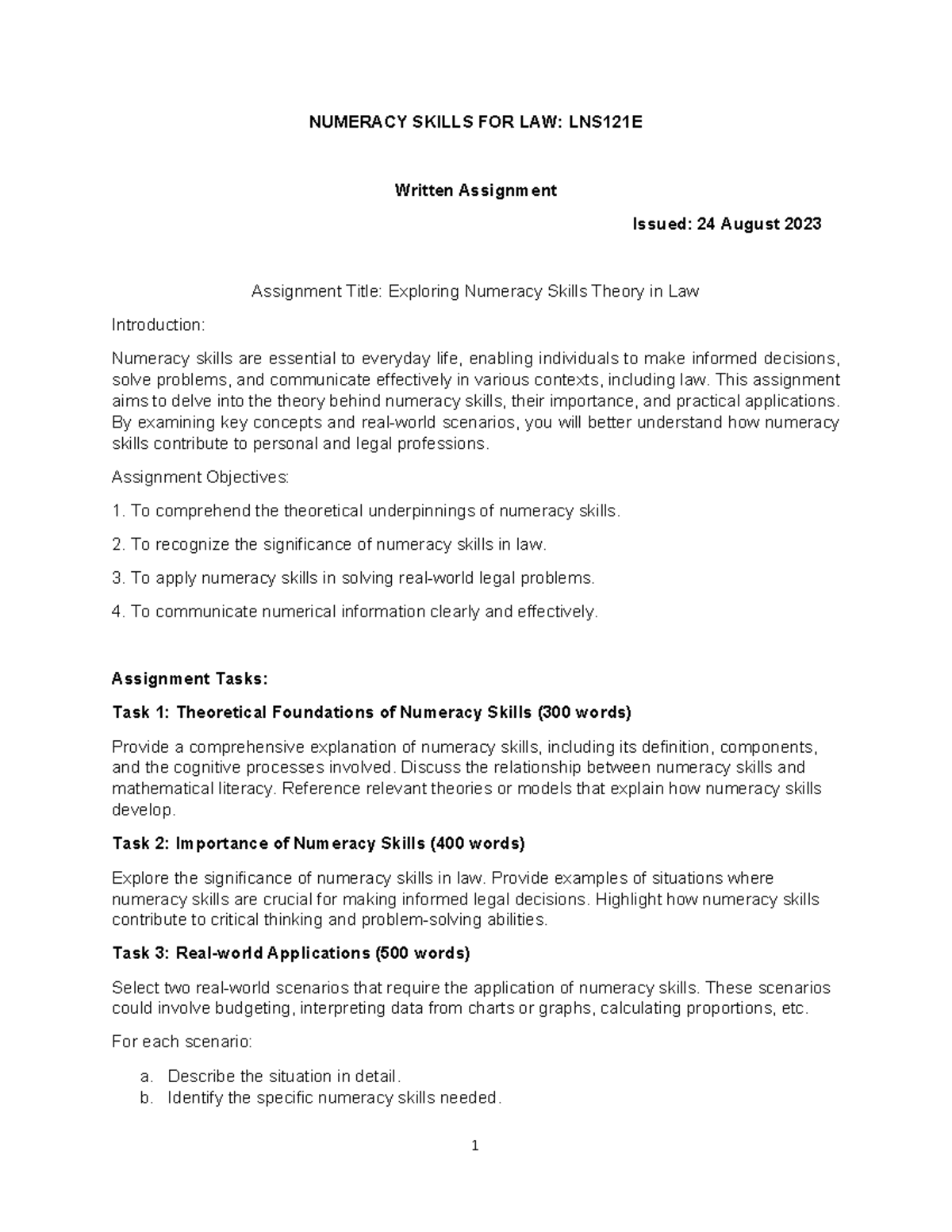 Assignment LNS121 E - 1 NUMERACY SKILLS FOR LAW: LNS121E Written ...