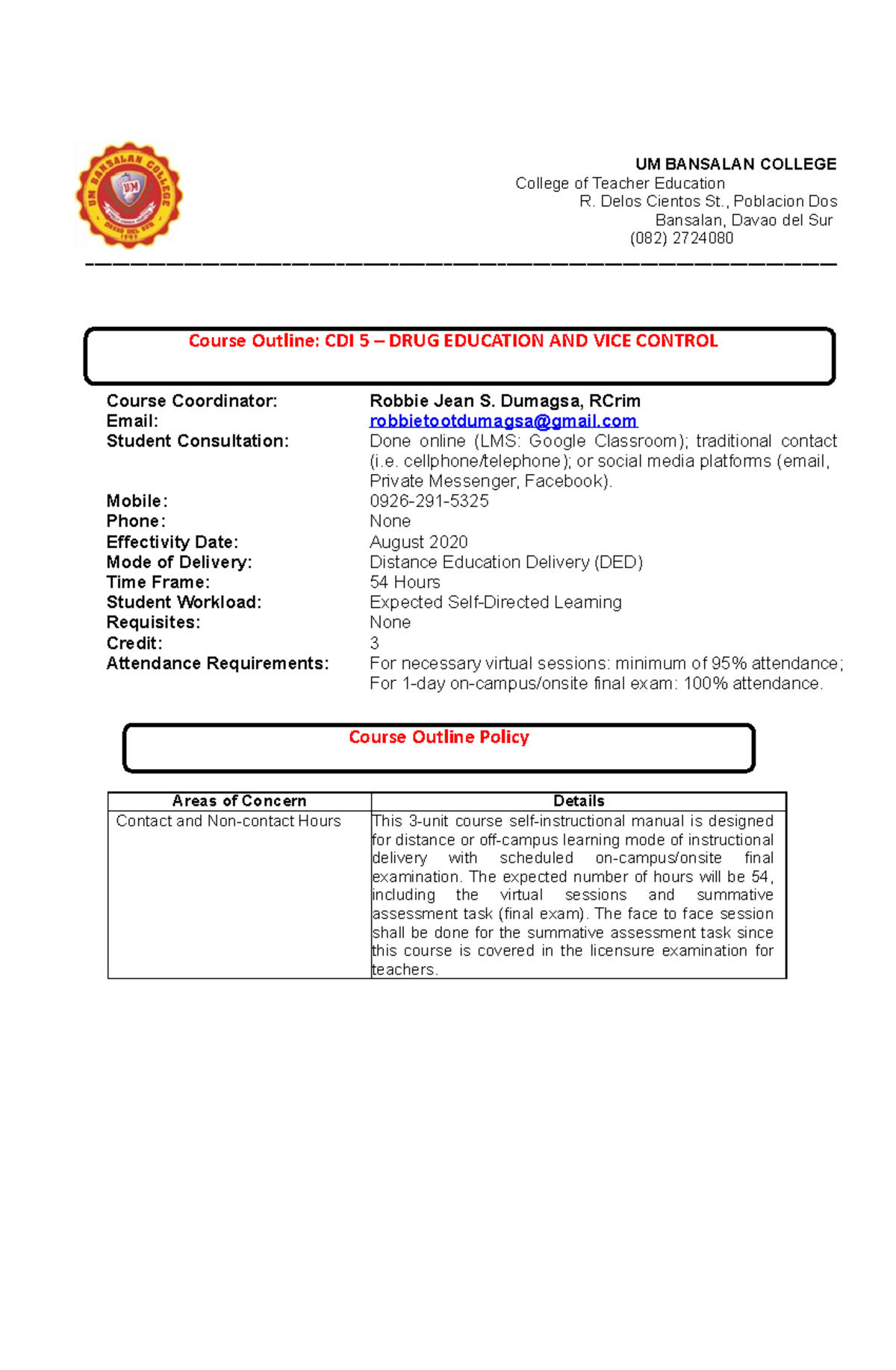 CDI 5 DRUG Education AND VICE Control - Course Outline Policy College ...