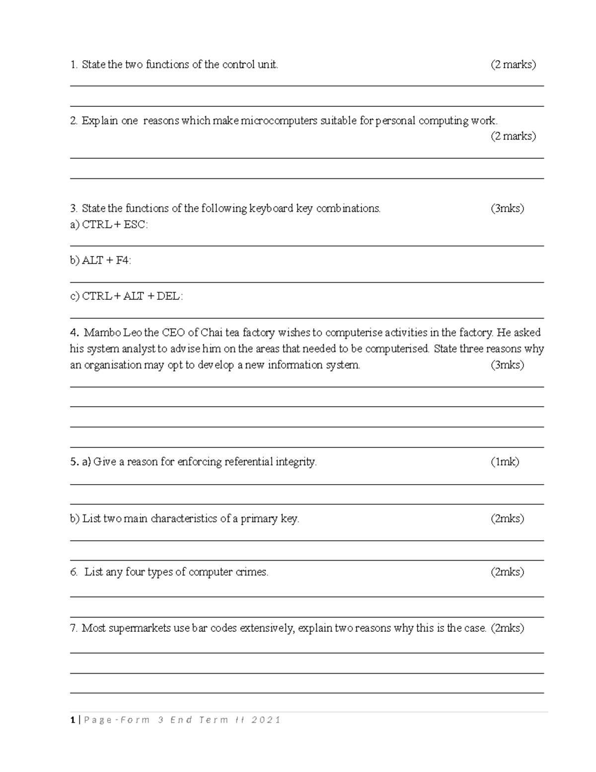 Computer Studies F3 QS - form three question paper - 1. State the two ...