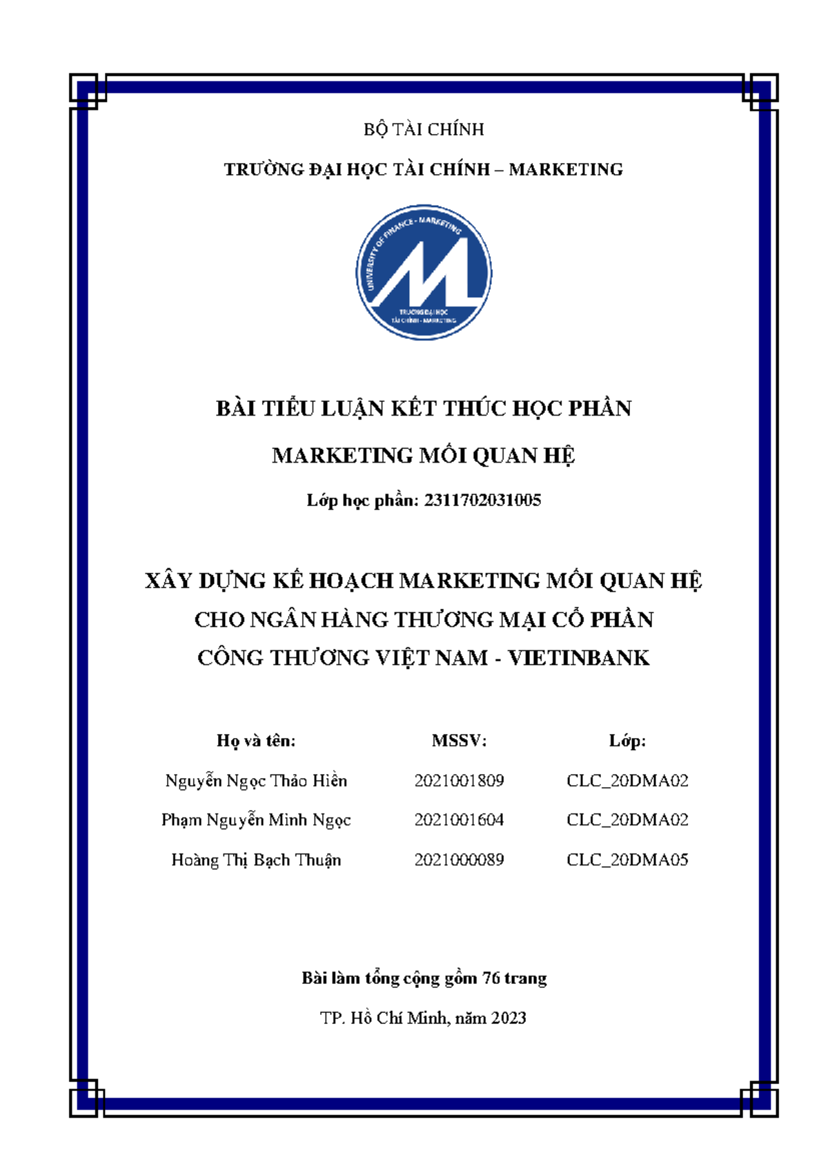 Vietin Bank 3 KTHP MKT-MQH C7 2311702031005 HK1 2023 - BỘ TÀI CHÍNH ...