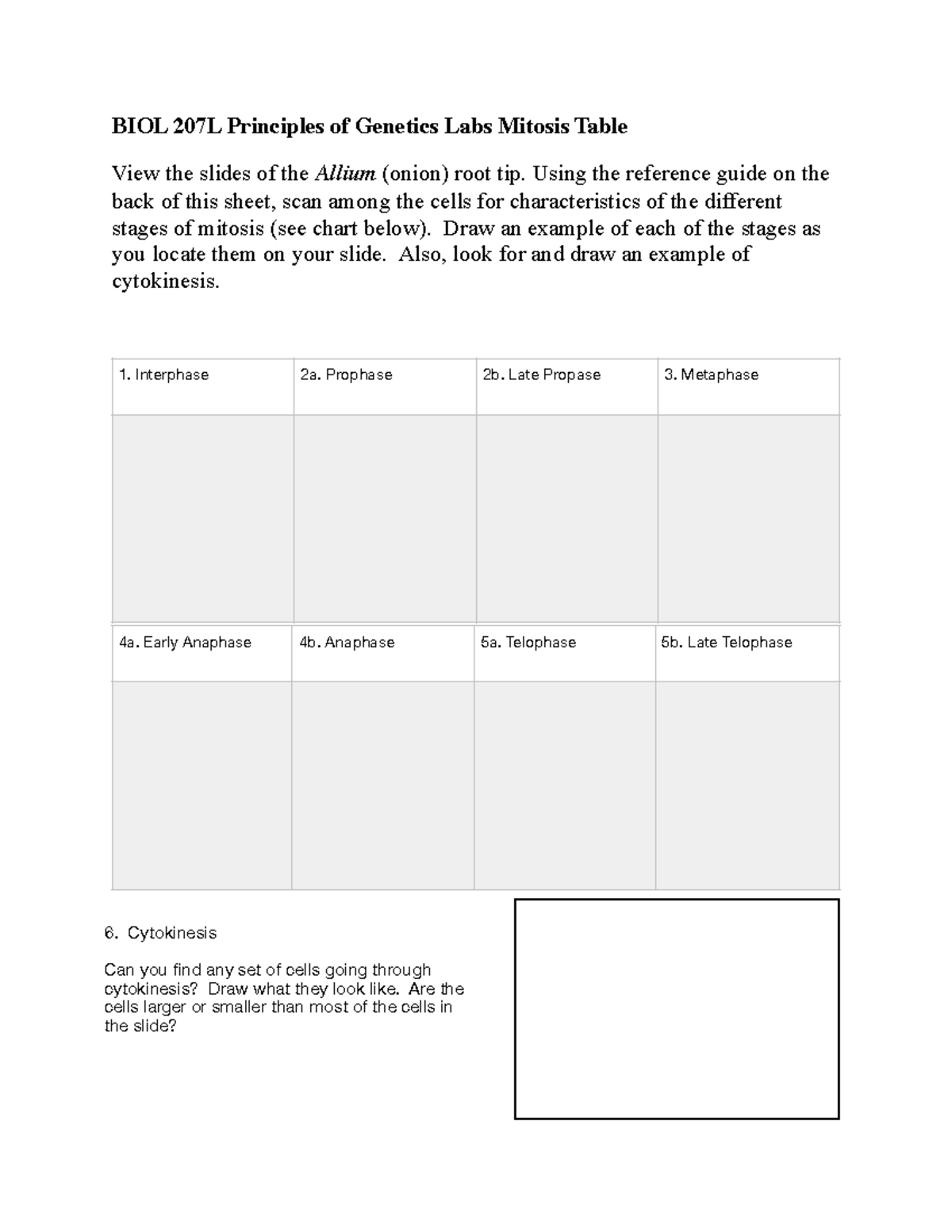 G-Mitosis Lab Worksheet SP18 - BIOL 207L Principles of Genetics Labs ...