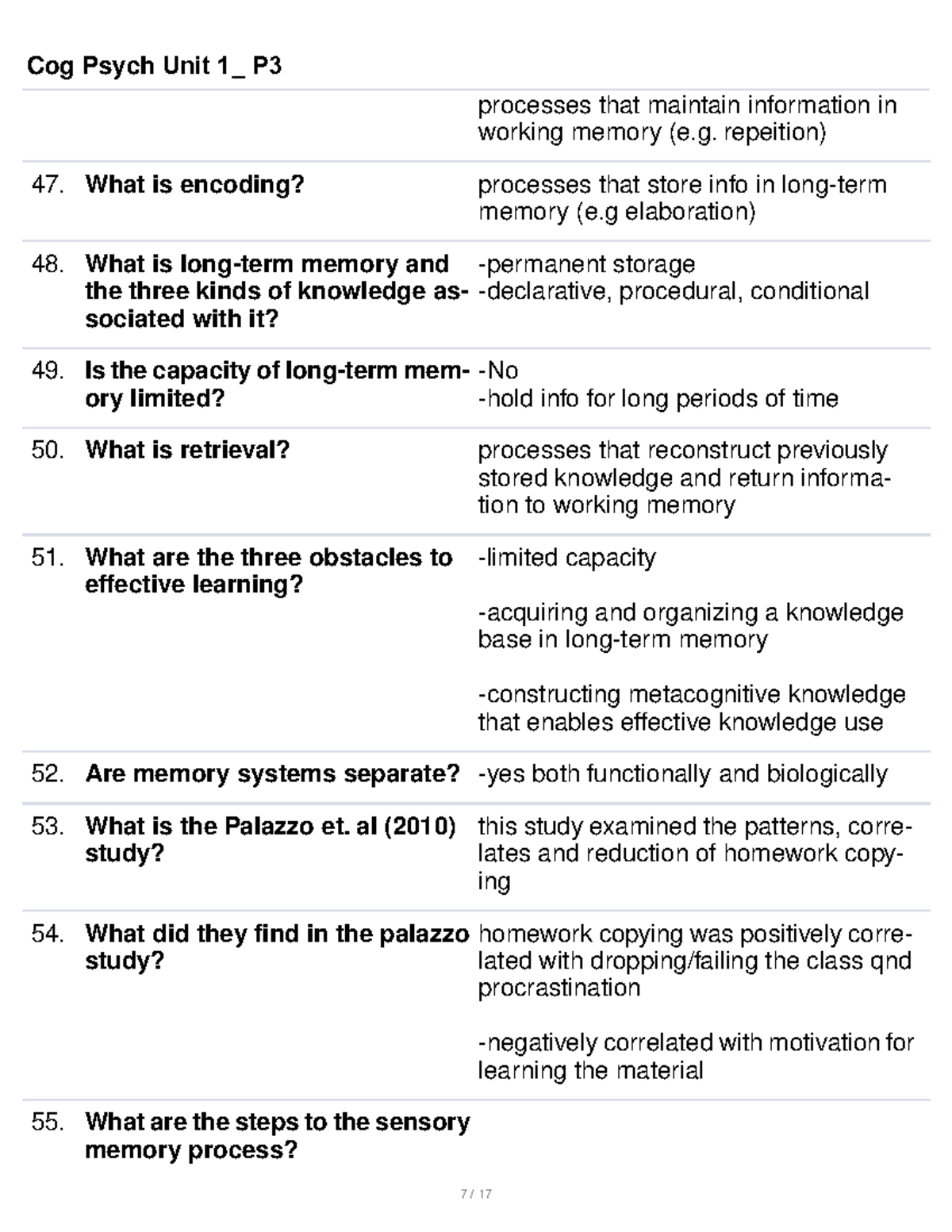 Cog psych unit 1 Part3 - minnigh - processes that maintain information in working memory (e ...