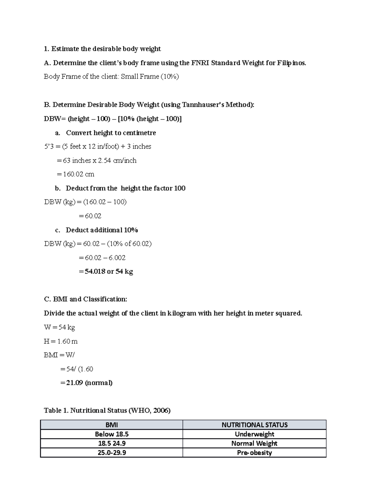 Nutridiet TER Computation AND MEAL PLAN - Estimate the desirable body ...