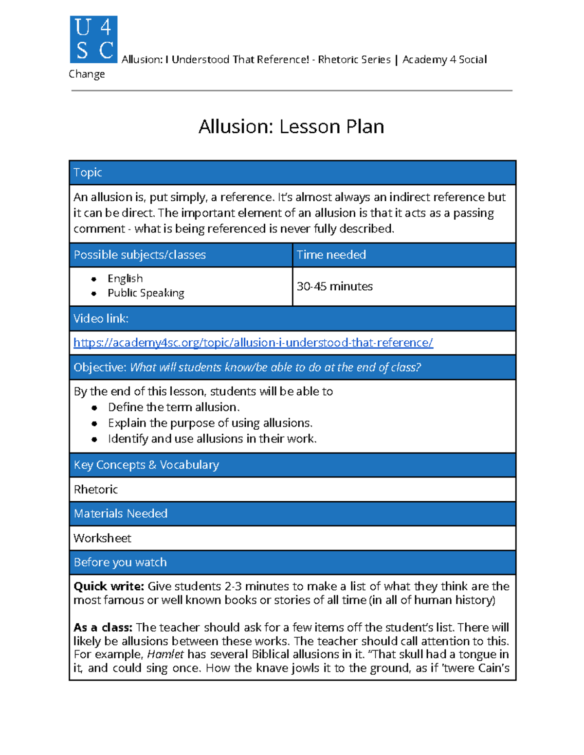 Allusion Lesson Planand Video-1 - Change Allusion: Lesson Plan Topic An ...
