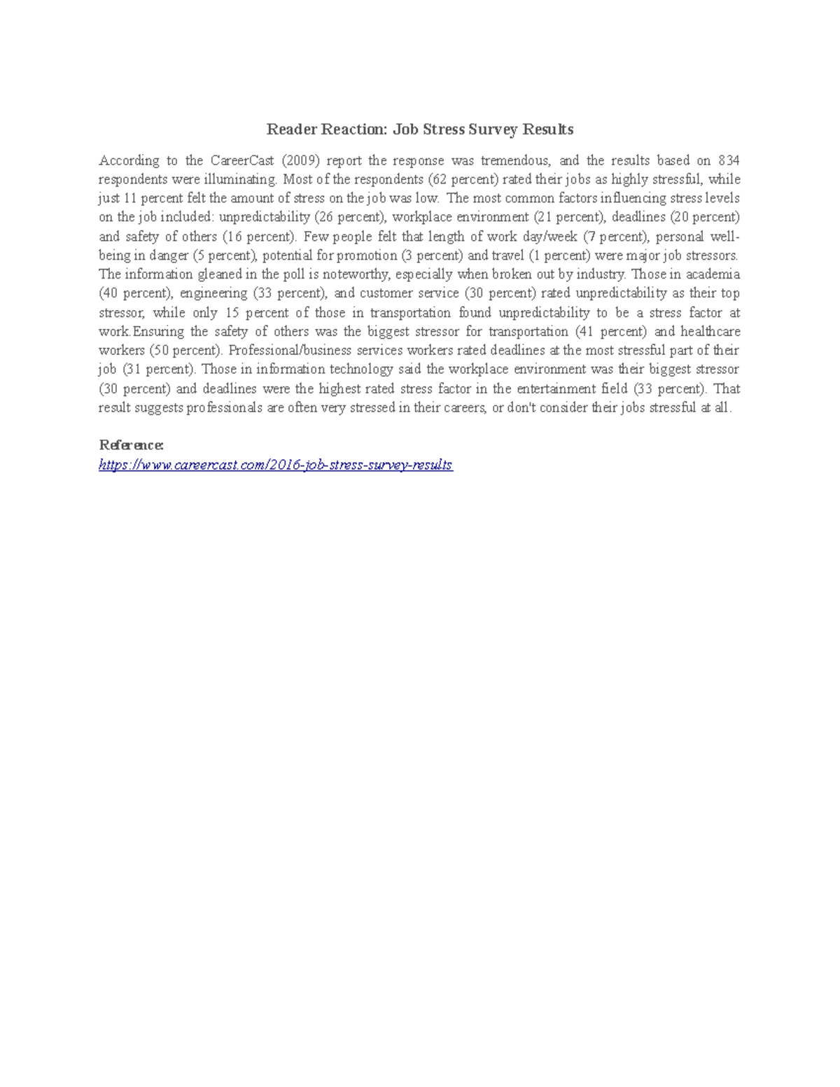 Reader Reaction Job Stress Survey Results - Reader Reaction: Job Stress ...