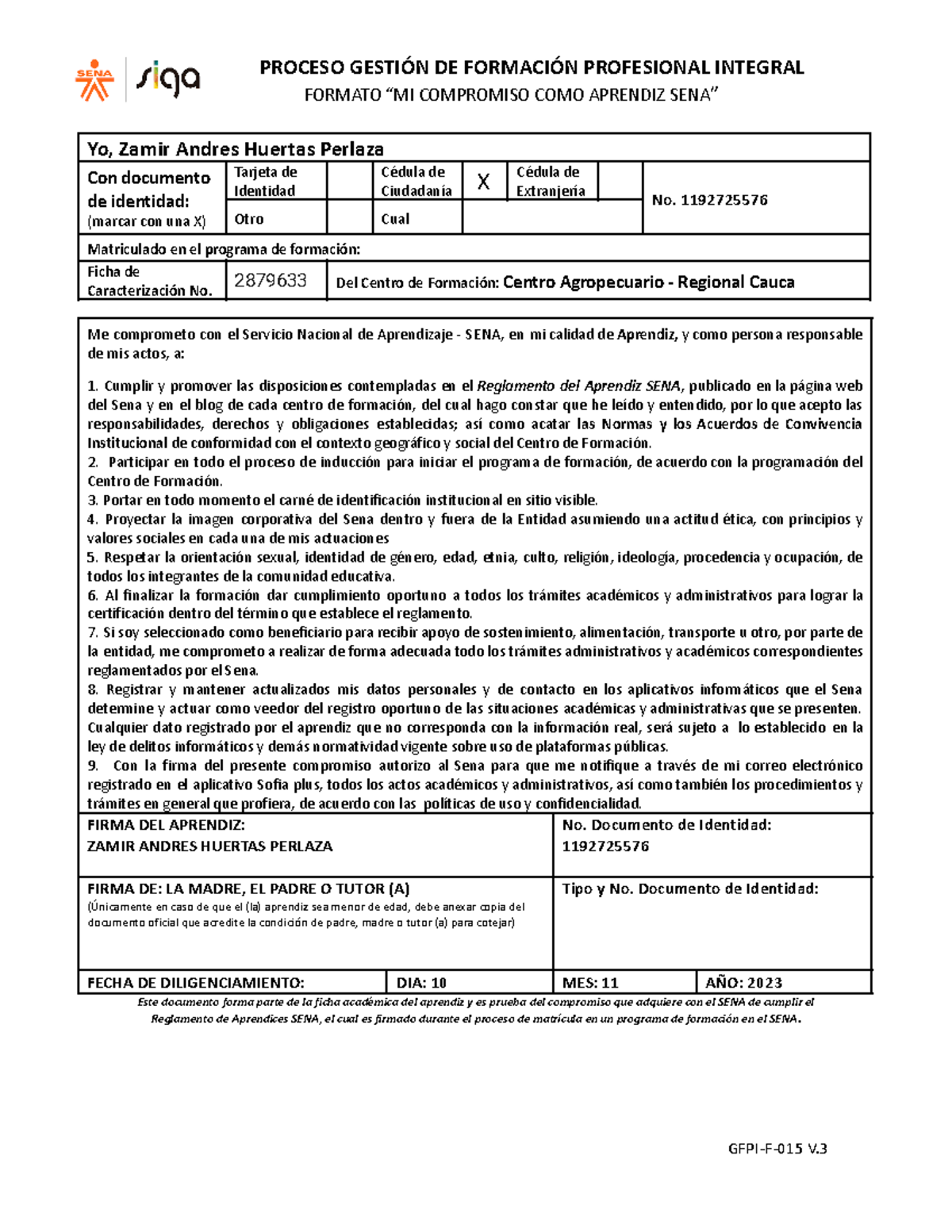 GFPI-F-015 Formato Compromiso del Aprendiz V2 - PROCESO GESTIÓN DE FORMACIÓN PROFESIONAL ...