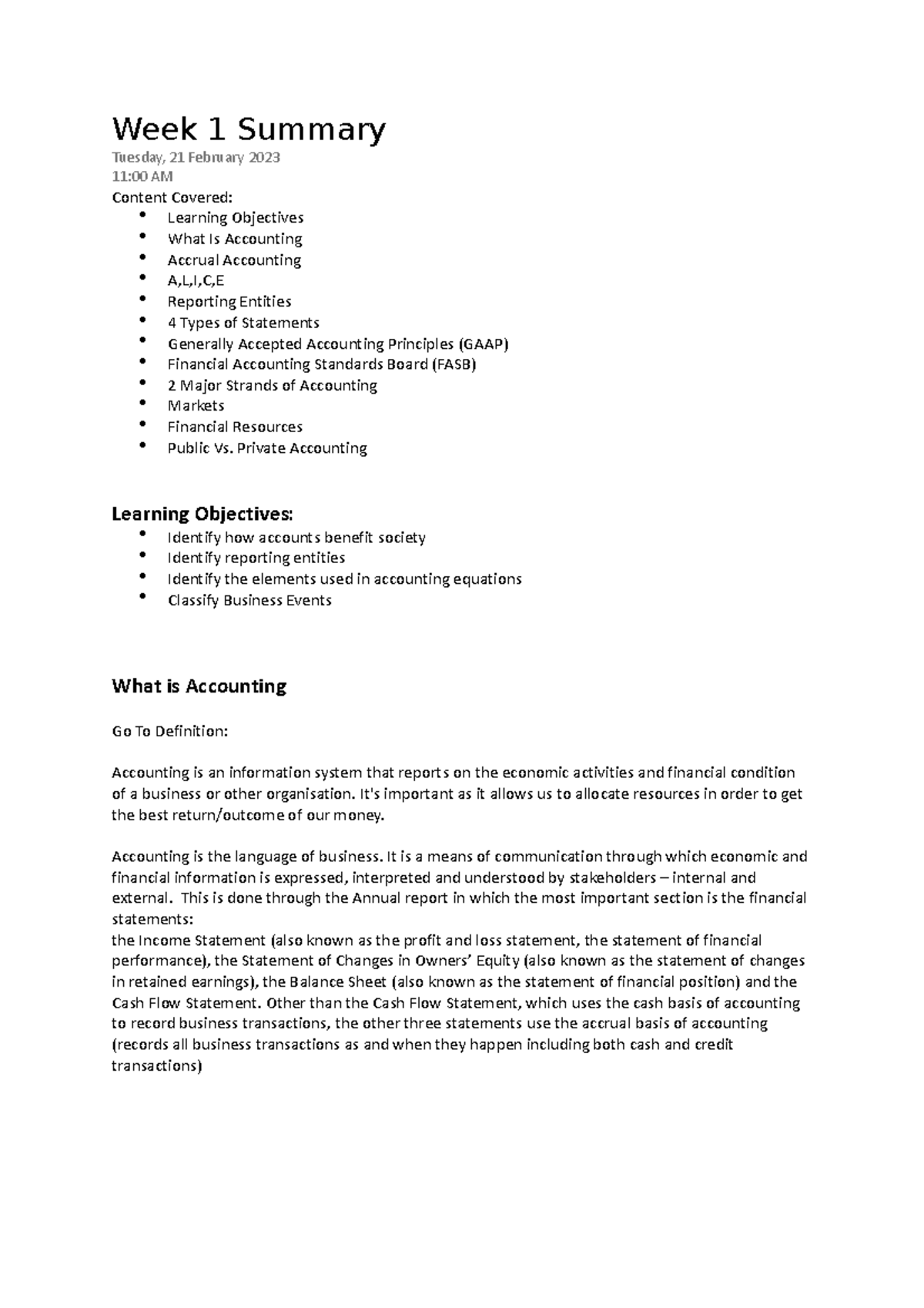 Week 1 Notes - ACFI1001 - Week 1 Summary Tuesday, 21 February 2023 11: ...