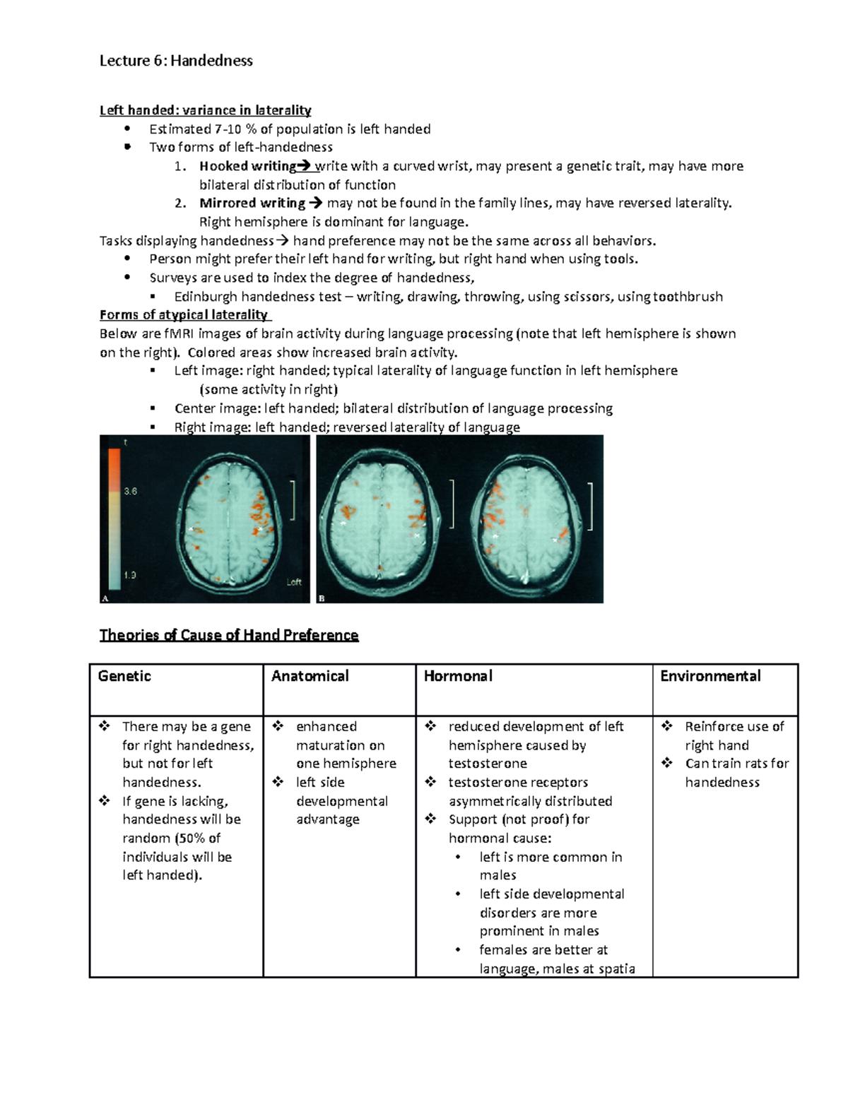 Left handed - lecture notes - Lecture 6: Handedness Left handed ...