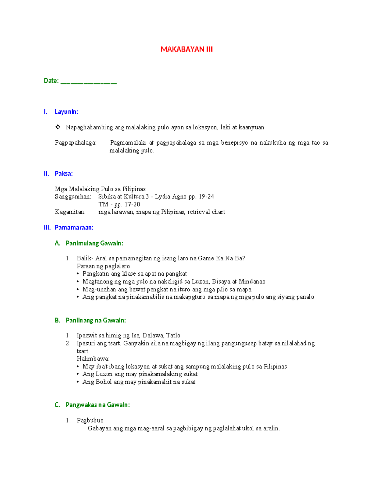AP Lesson Plan 6 - MAKABAYAN III Date: _________________ I. Layunin ...