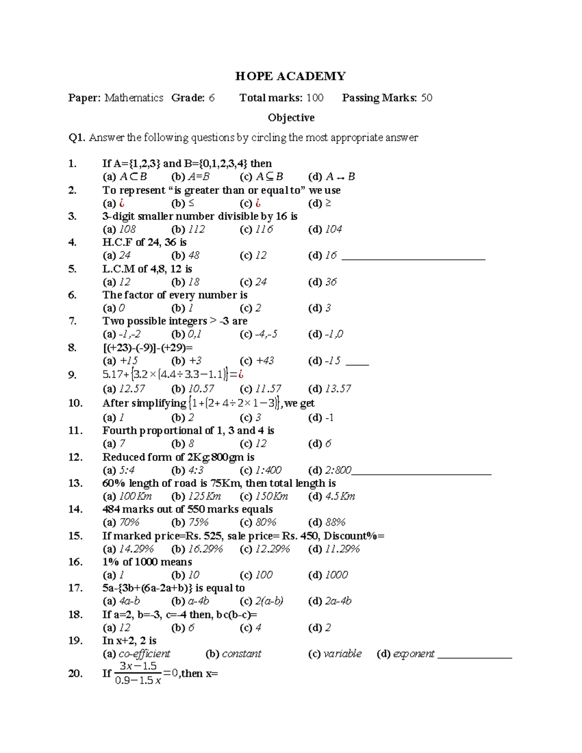 Objective - basic notes - HOPE ACADEMY Paper: Mathematics Grade: 6 ...