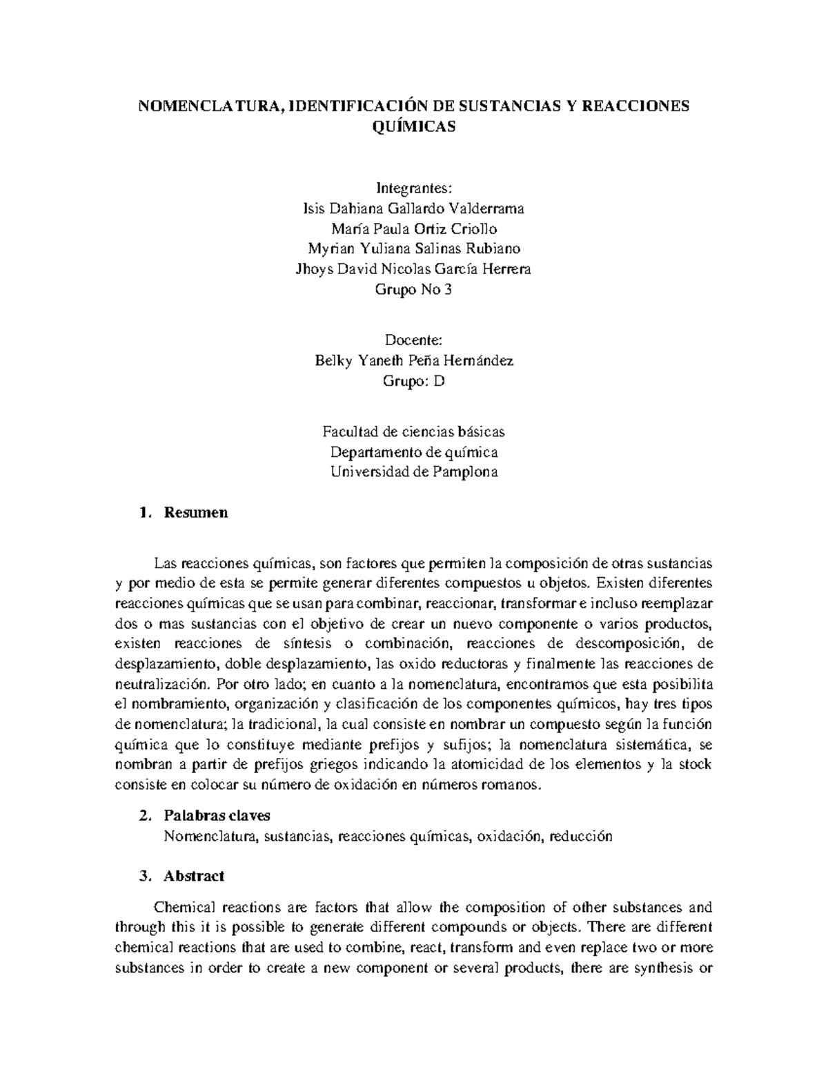 Informe reacciones químicas - NOMENCLATURA, IDENTIFICACIÓN DE SUSTANCIAS Y REACCIONES QUÍMICAS ...